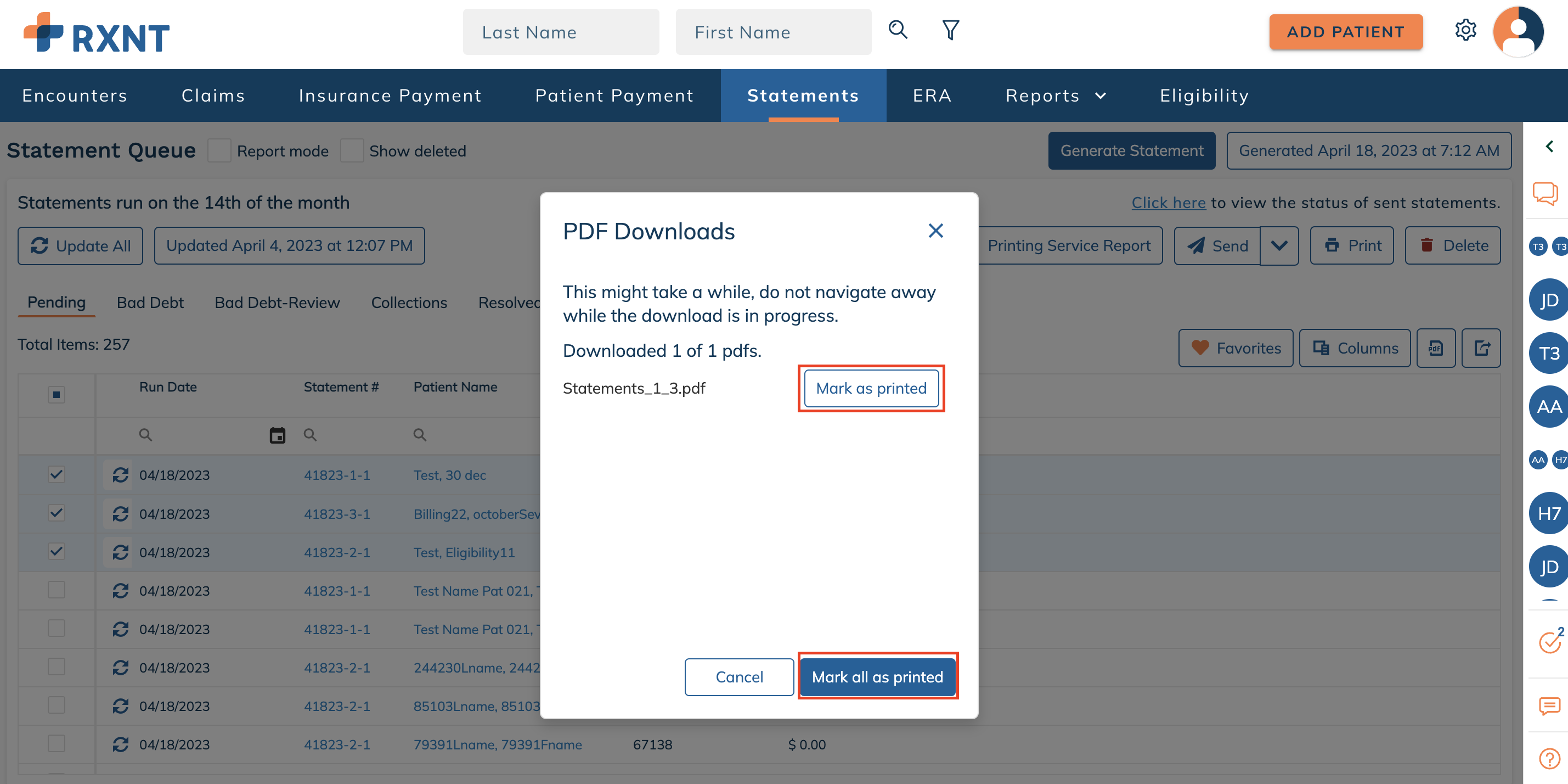 The Billing Statements Queue – RXNT Client Resolution Center