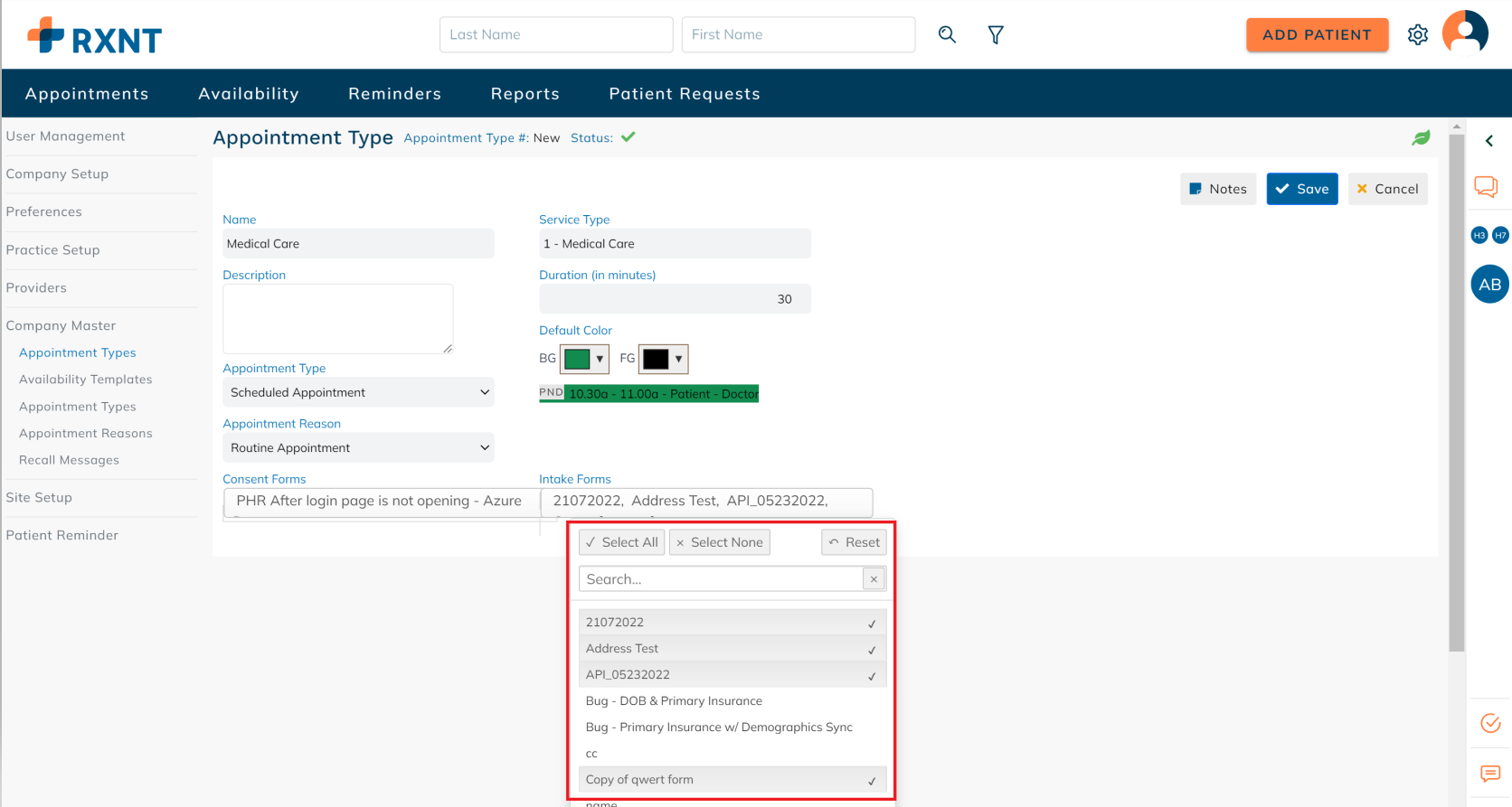 Appointment, Availability, and Recall Types – RXNT Help Center